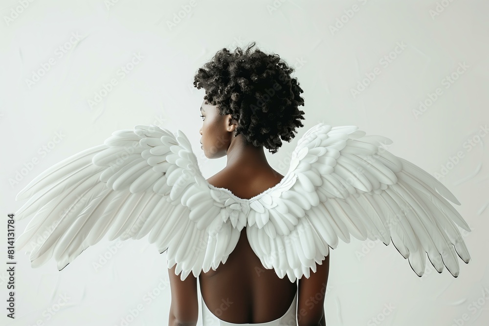 black woman from the back with big white angel wings growing from her ...