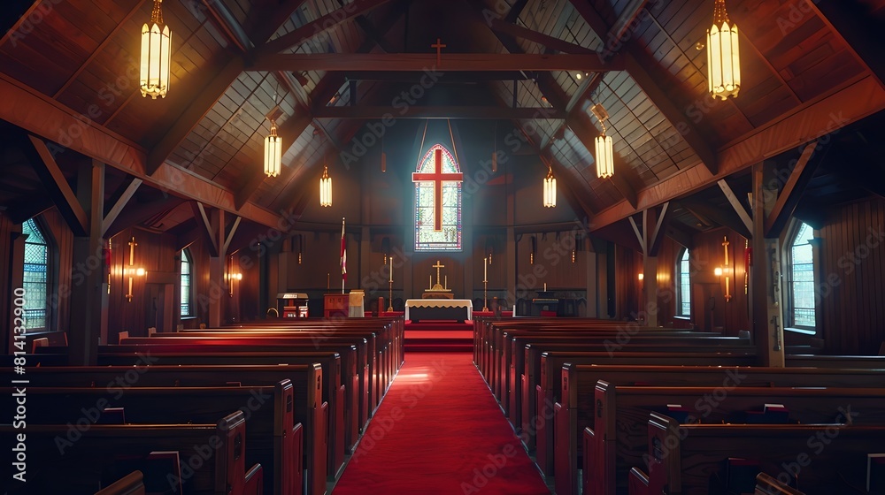 Serene Church Interior with Glowing Cross and Wooden Pews. Peaceful ...