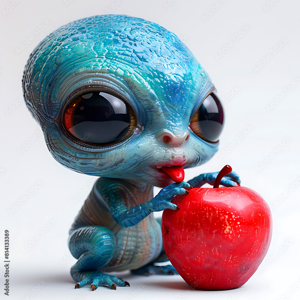 Cute blue cartoon alien with big eyes tastes a red apple with his long ...