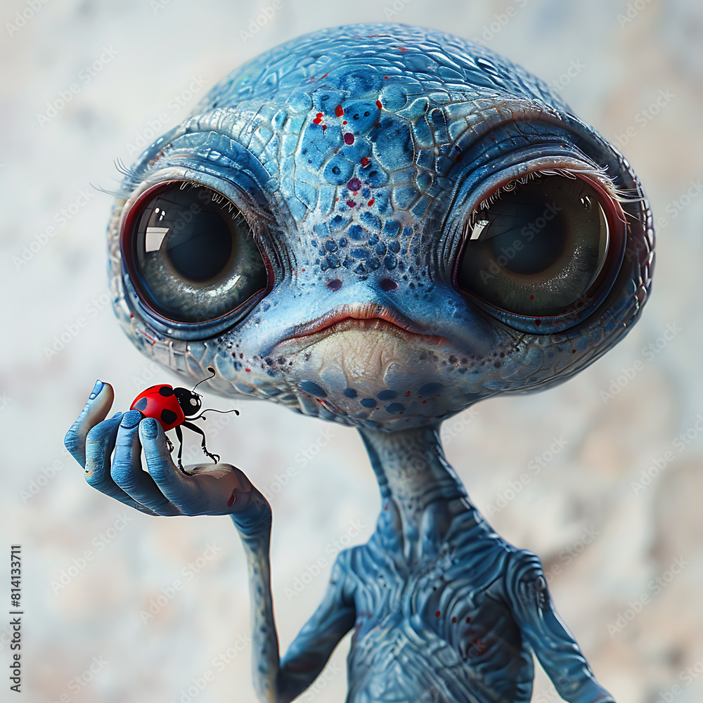 Cute blue cartoon alien with big eyes holds a beautiful ladybug and is ...