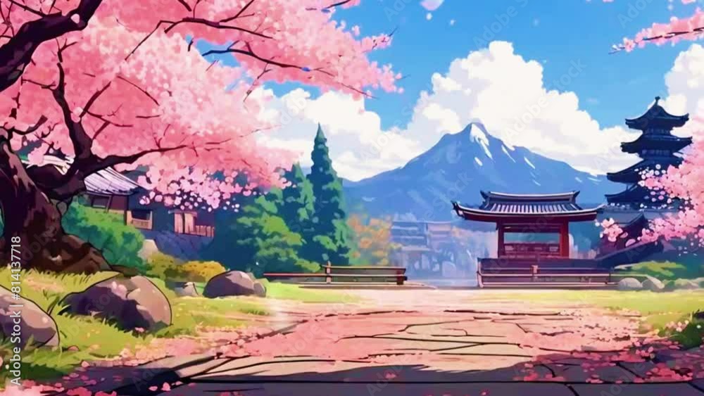 Cherry blossom petals gently falling in a traditional Japanese garden ...