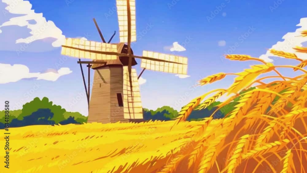 A rustic windmill turning slowly in a golden wheat field, 2D flat ...