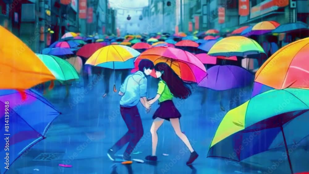 An animation of the couple chasing each other through a maze of rainbow ...