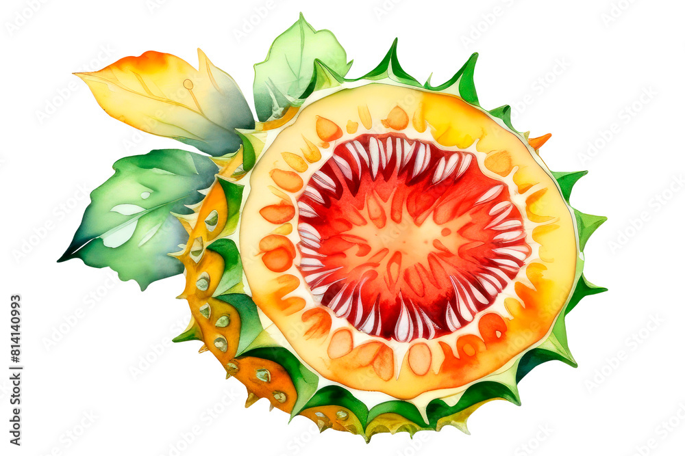 Hand drawn watercolor Kiwano melon. African horned cucumber, horned ...