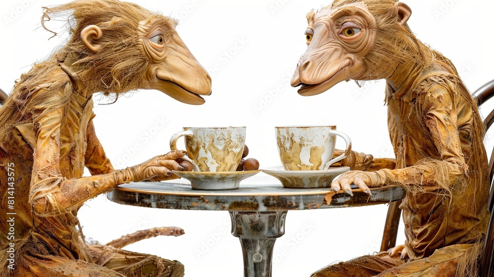 Two stuffed animals sitting around a table with cups of tea or coffee ...