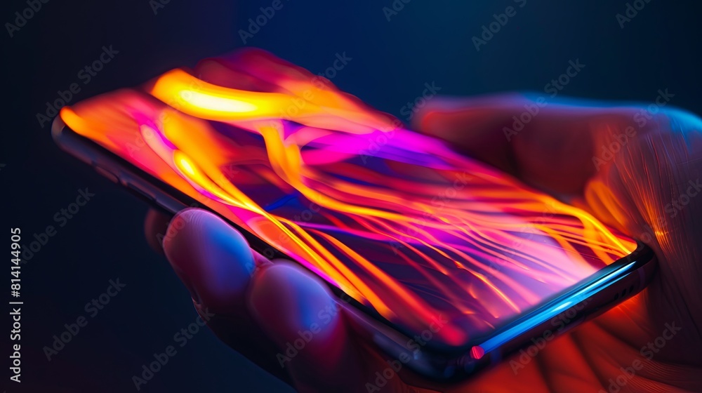The hand holds a realistic cell phone with a bright screen saver on the ...