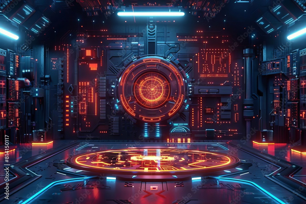 The image shows a futuristic spaceship cockpit with a large control ...