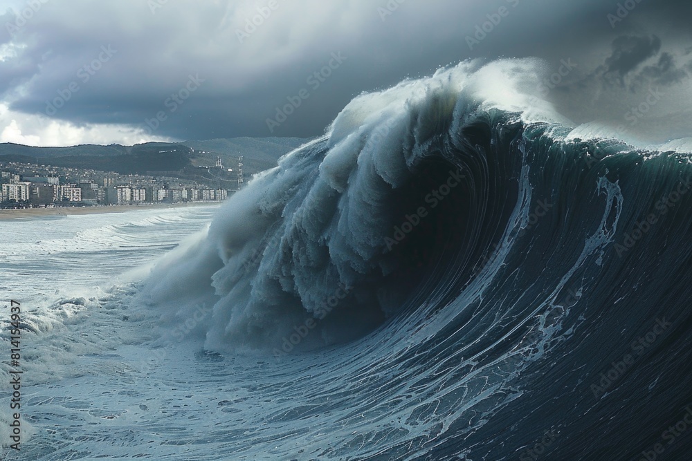 A massive tsunami wave towering over the ocean, depicting a ...