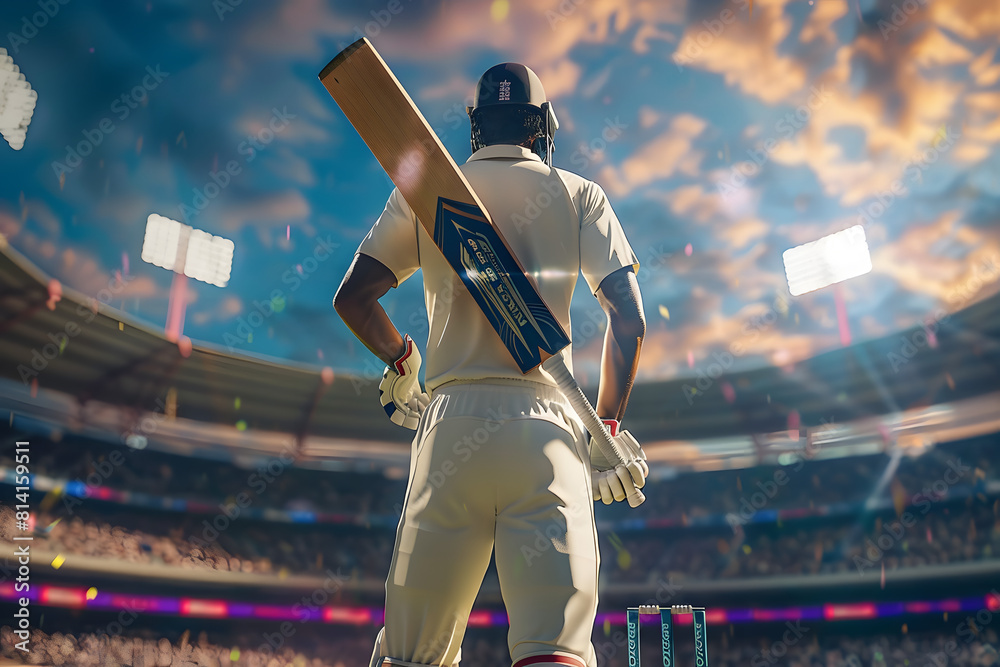 Back of cricket player holding cricket bat in stadium. Stock ...