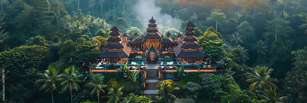 Aerial view of a traditional Balinese Hindu temple near Ubud in Bali ...