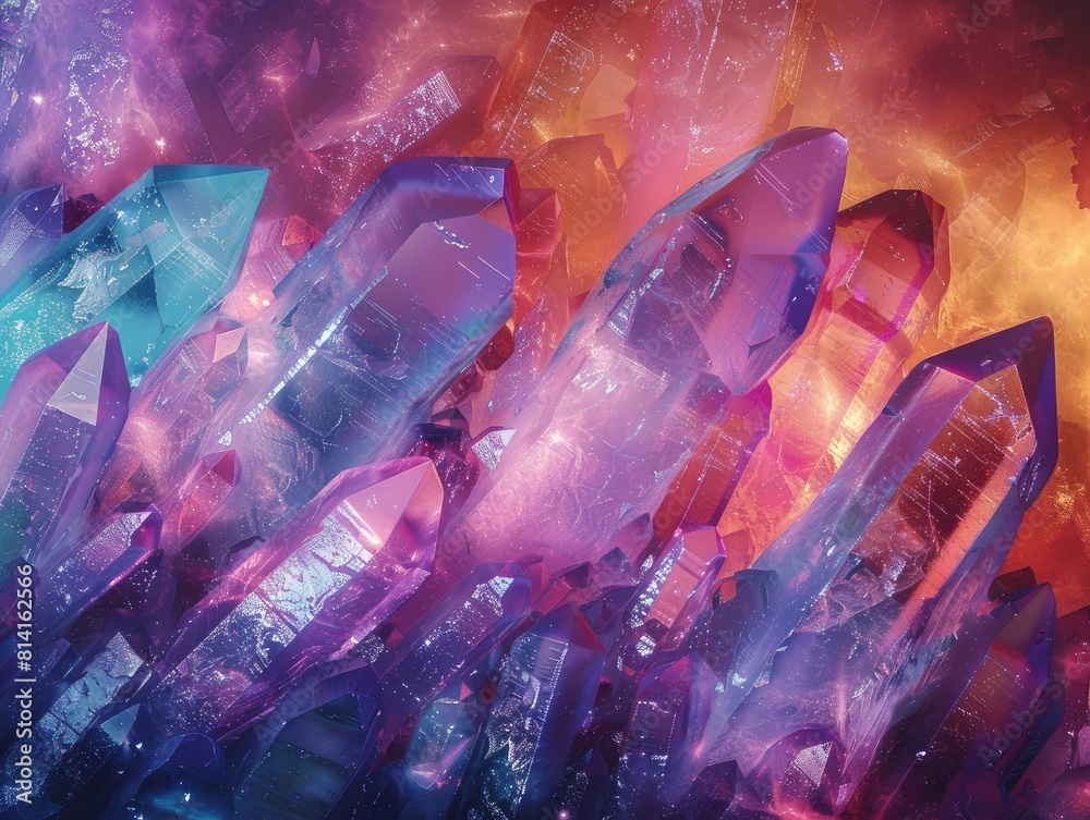 Realistic and colorful shiny glowing magic crystals create an abstract ...