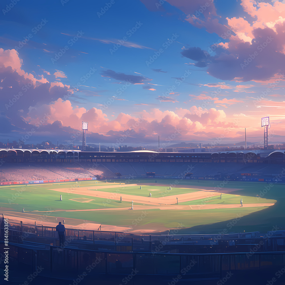 An electric-blue sunset paints the sky over an empty baseball field ...
