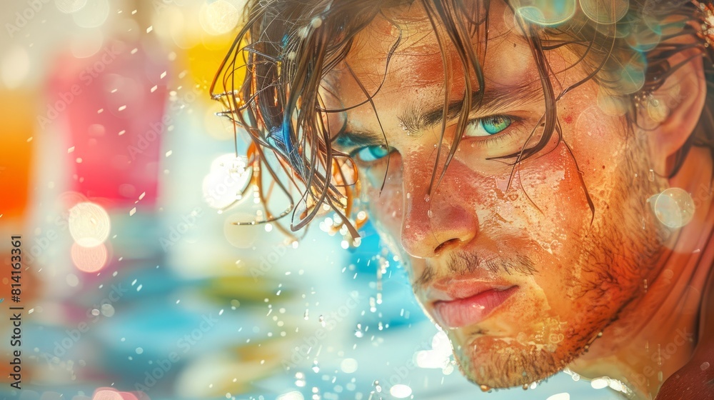 Close-up portrait of a sun-kissed Caucasian man with wet hair and ...