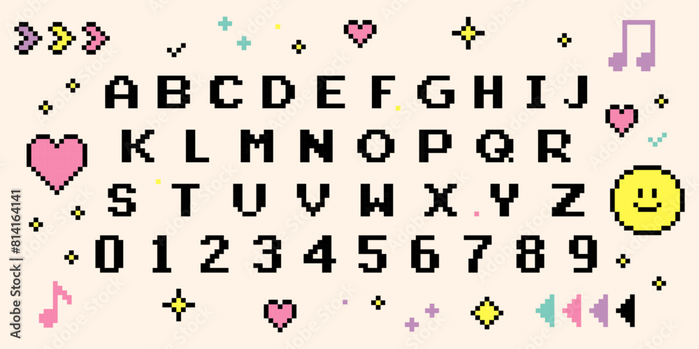 Pixel game font and elements set. 8-bit alphabet symbols, letters and ...