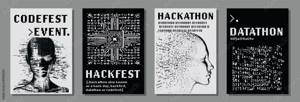 Set Of Retrofuturistic Posters For Hackathon Also Known As A Hack Day Hackfest Datathon Or