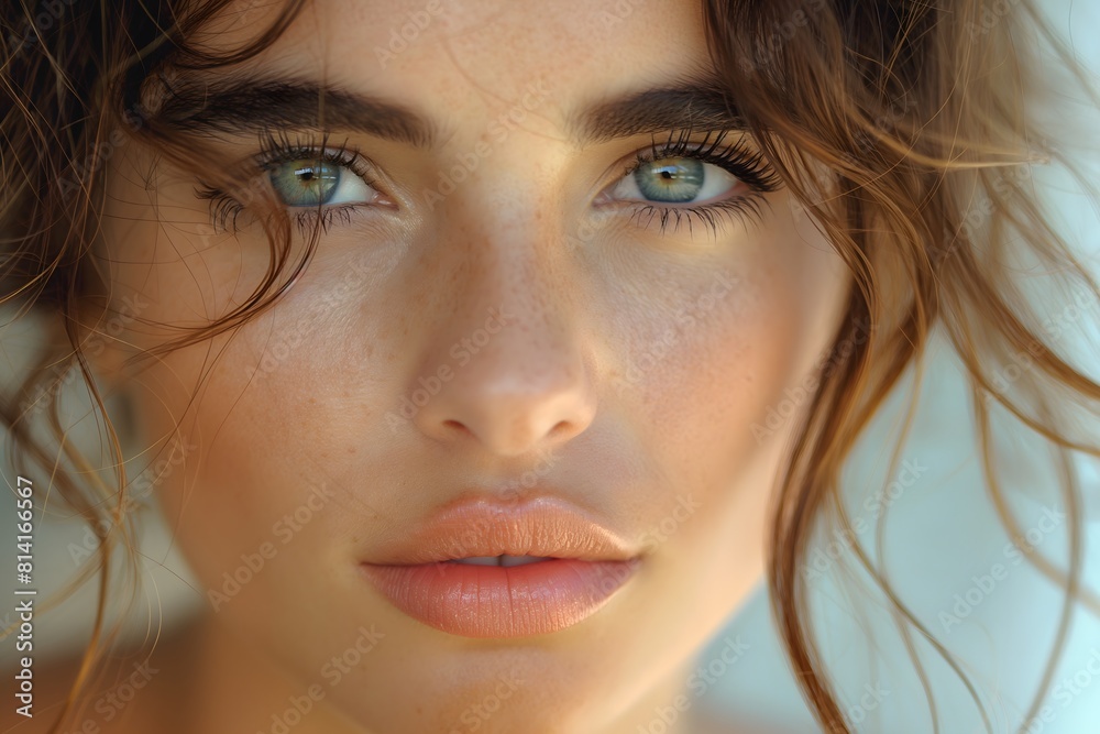 closeup portrait of a 20 year old brunette white woman with freckles ...