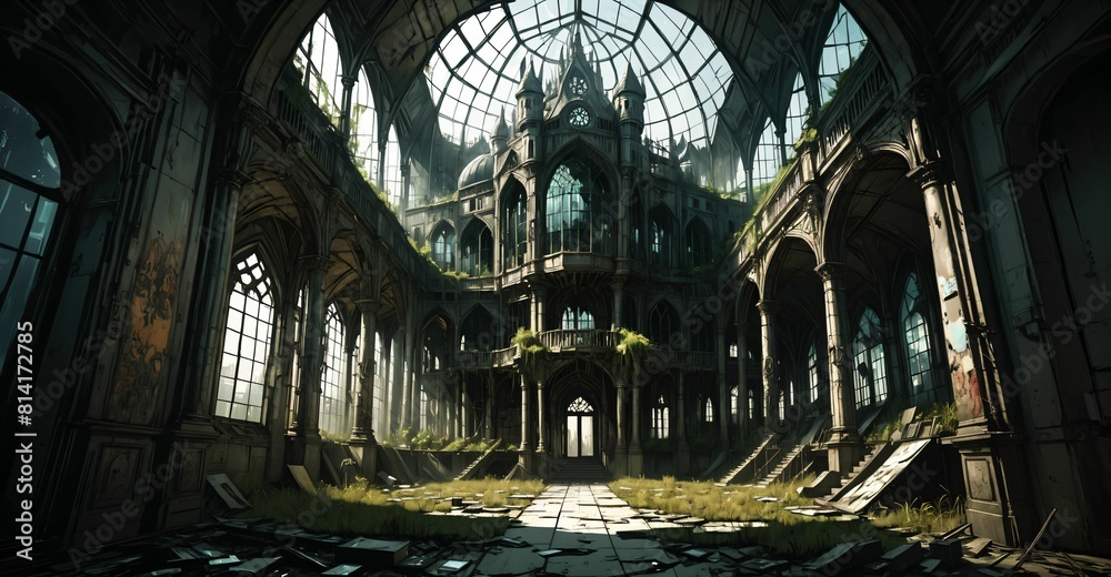 Gothic baroque architecture overgrown castle palace with large glass ...