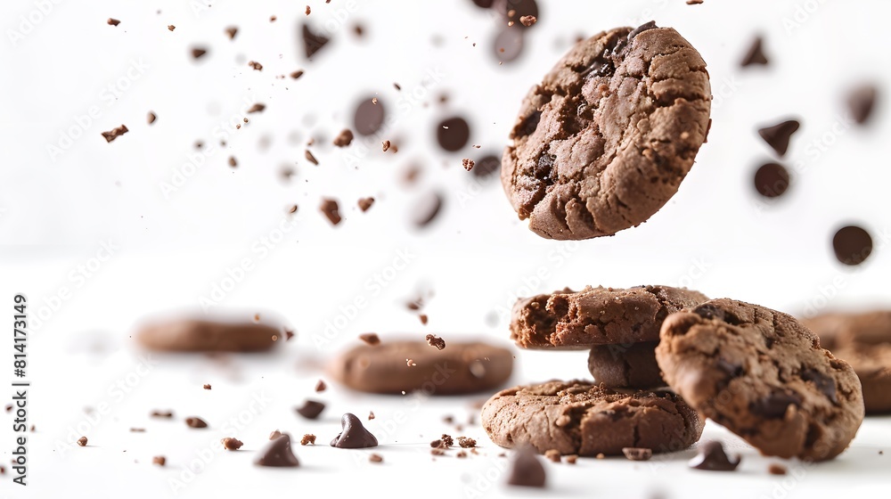 Cookies chocolate falling with choc flake in the air isolated on ...