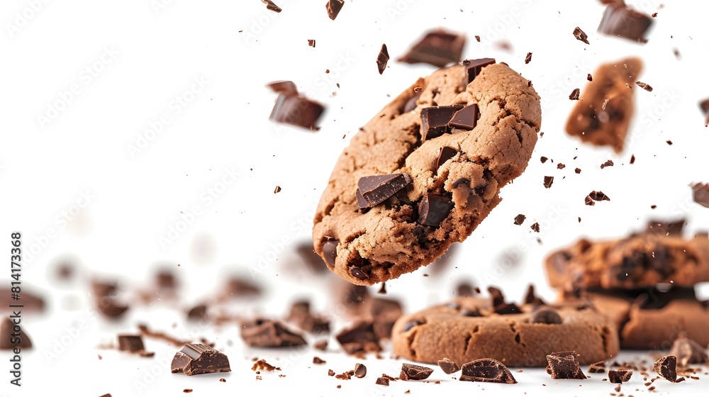 Cookies chocolate falling with choc flake in the air isolated on ...