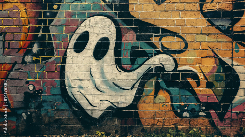 Pop art comic street graffiti with a ghost on a brick wall. Fantastic ...