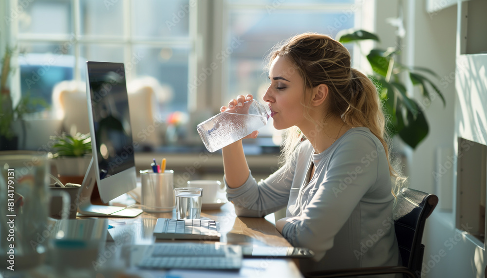 showing a woman sitting at her desk, drinking water while working on ...