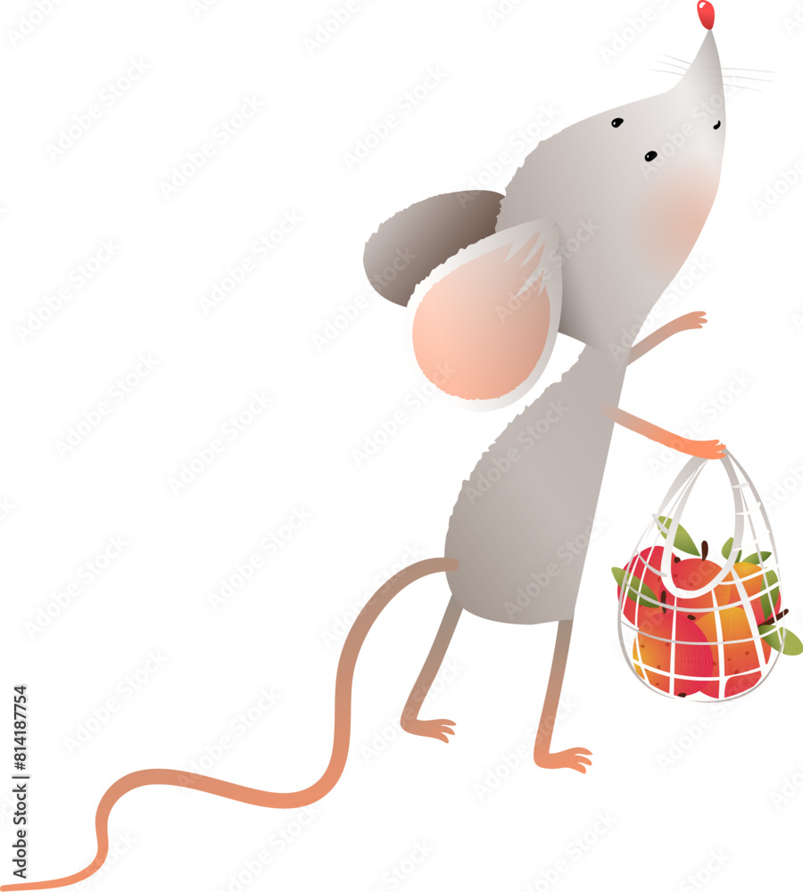 Funny adorable little mouse holding a bag full of apples. Cute baby ...