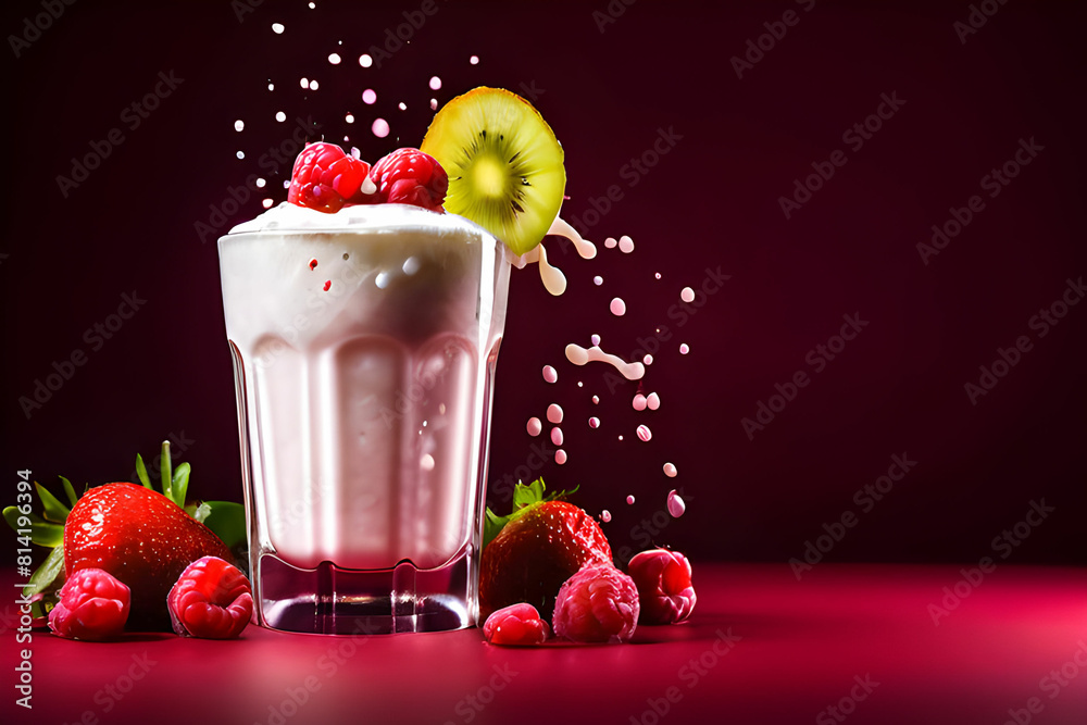 Creative food template. Topping fruit raspberry and ice cube splashing ...