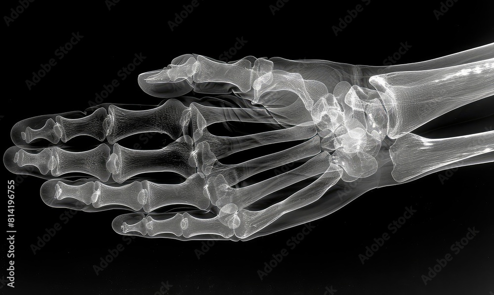 Xray side view of a hand stretching its fingers, clear bone outlines ...