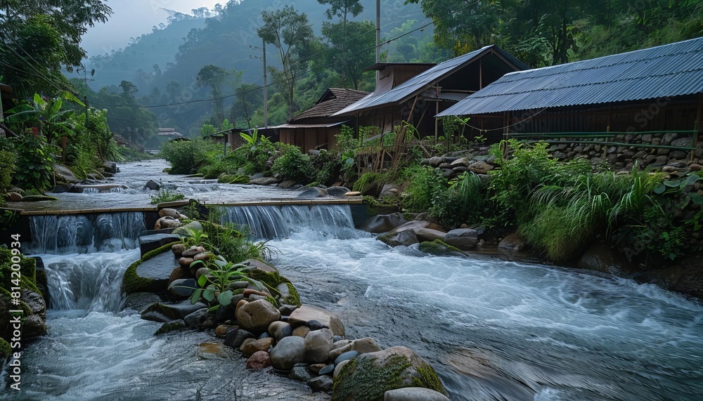Show a rural community using a microhydro power system to generate ...