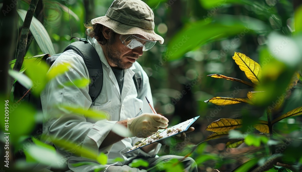 Show a scientist collecting plant samples in a tropical rainforest ...