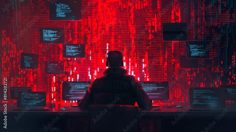 A dark web hacker facing barriers as multiple firewalls light up to ...