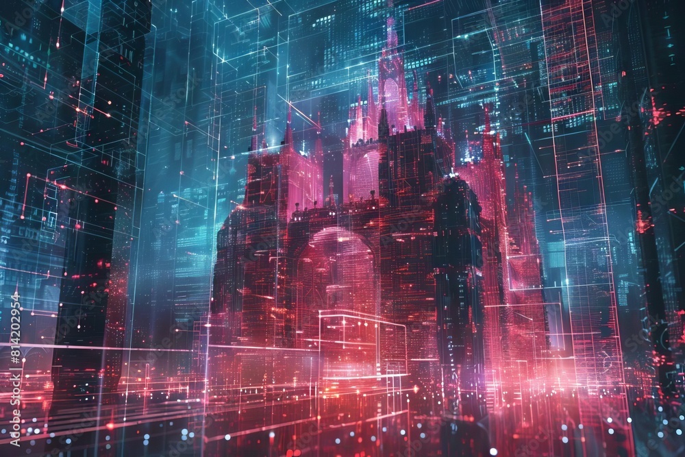 A digital art piece featuring a fortress made of code and digital walls ...