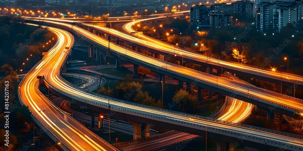 Overhead shot of complex highway interchange network with multiple ...