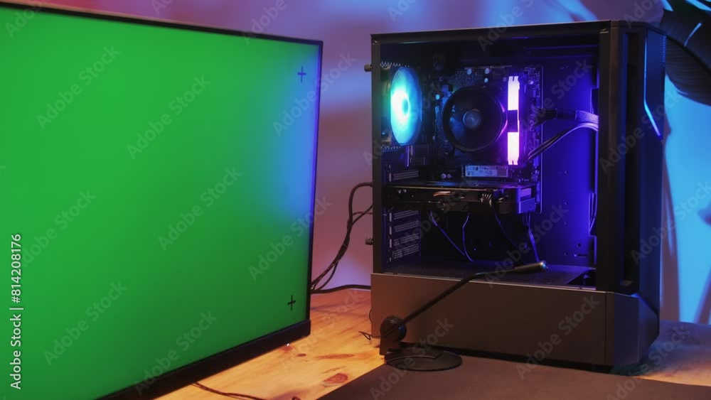 Computer with chroma key green screen on monitor. Gamer man playing in ...