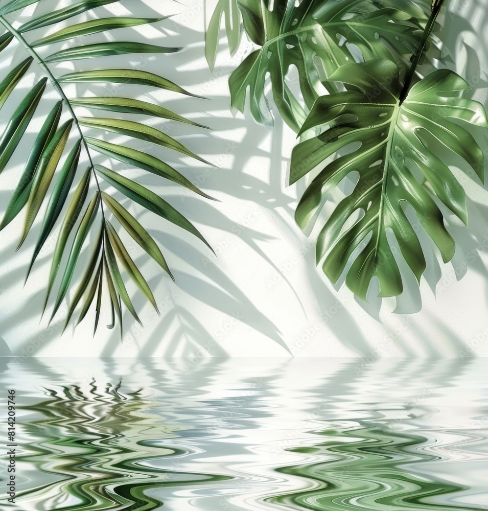 Green tropical leaves with a realistic water reflection effect evoke a ...