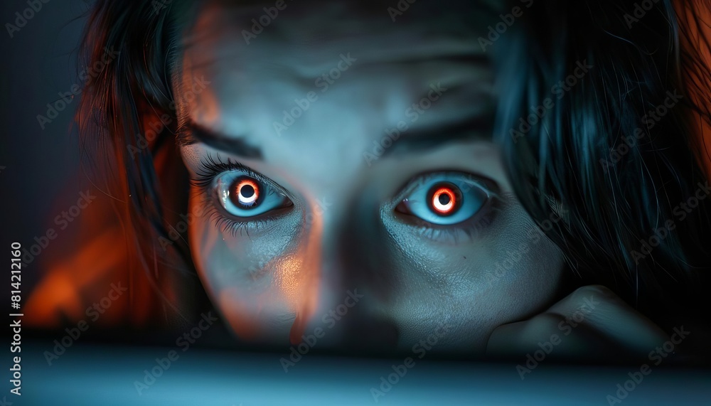 An intense scene showing a users face reflected in a computer screen ...