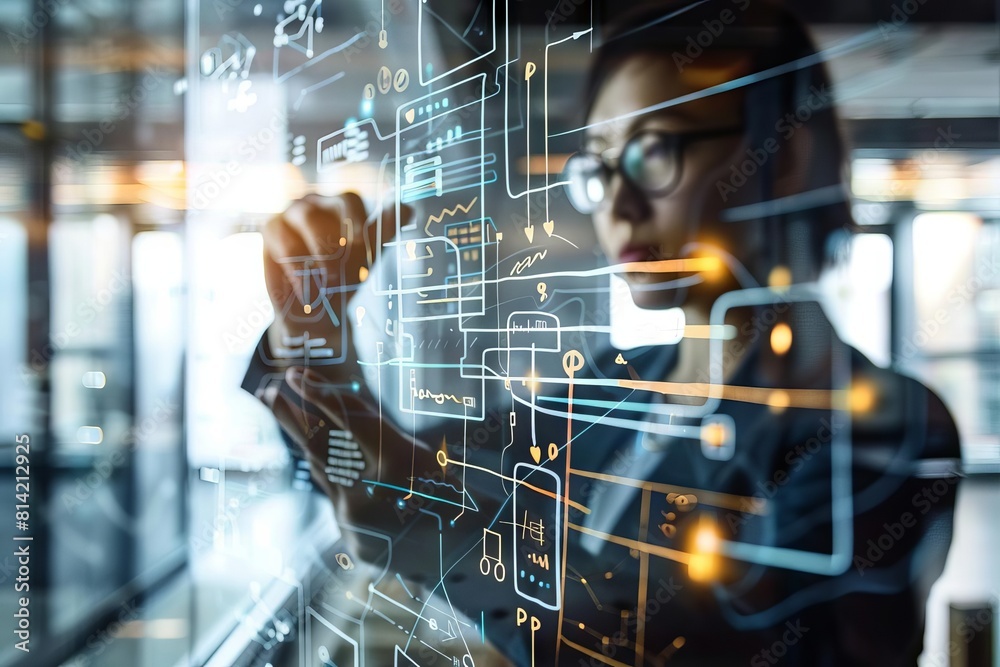A business professional drawing a complex flowchart on a glass wall ...