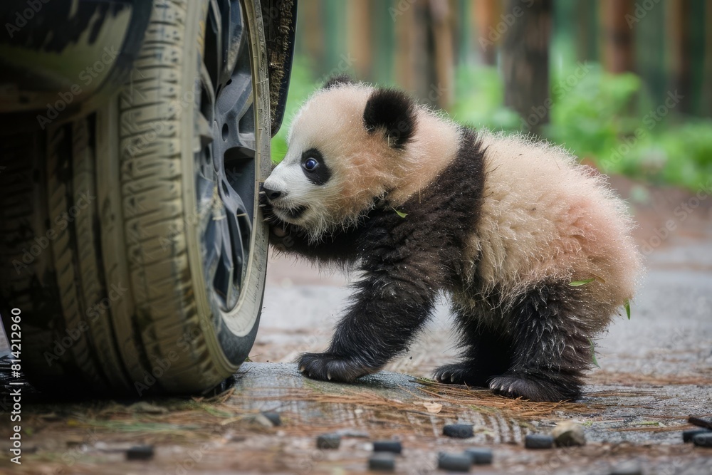 mischievous panda cub playing with car tires adorable wildlife ...