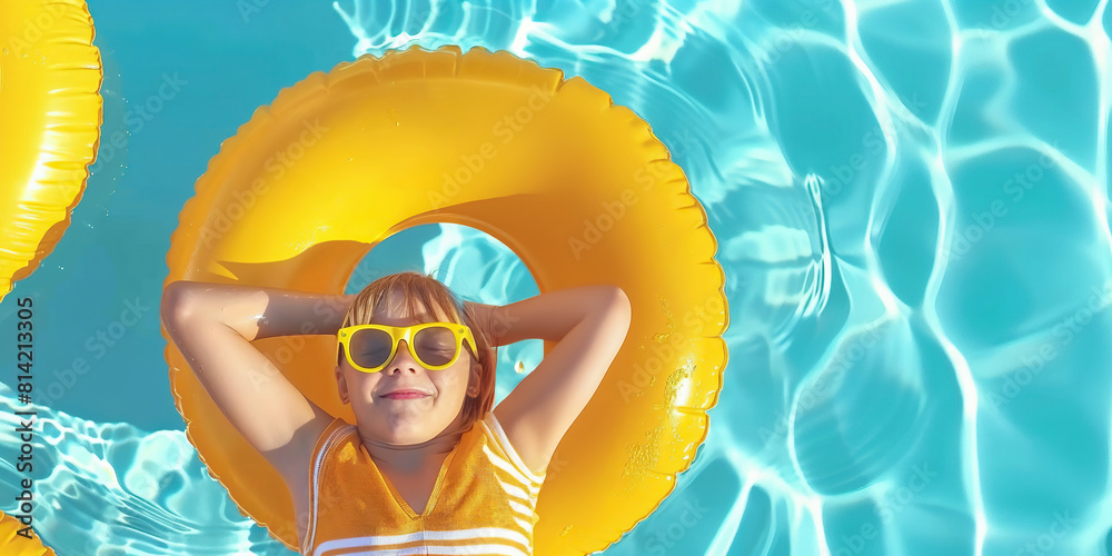 Young girl enjoying summer in a pool, floating with yellow floaters ...