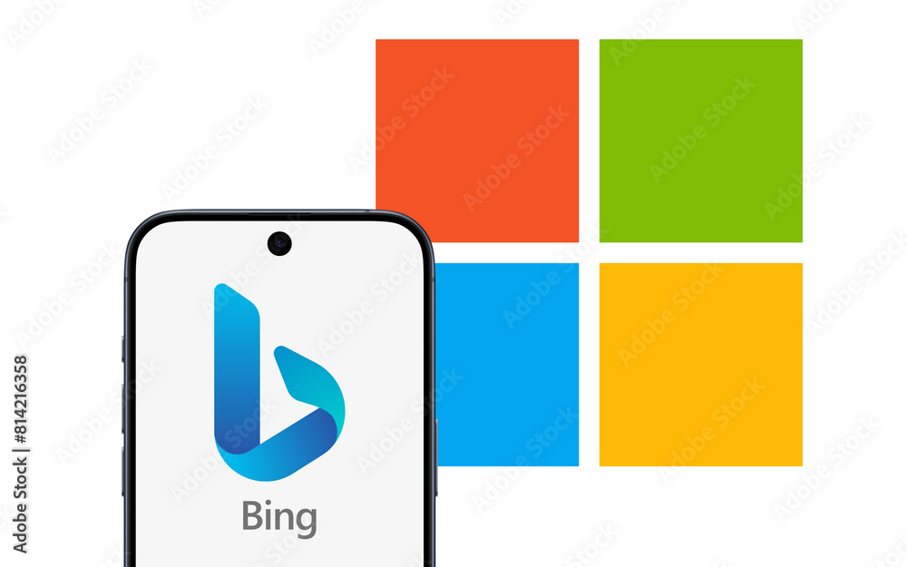 Bing logo is displayed on a modern smartphone, big Microsoft logo ...