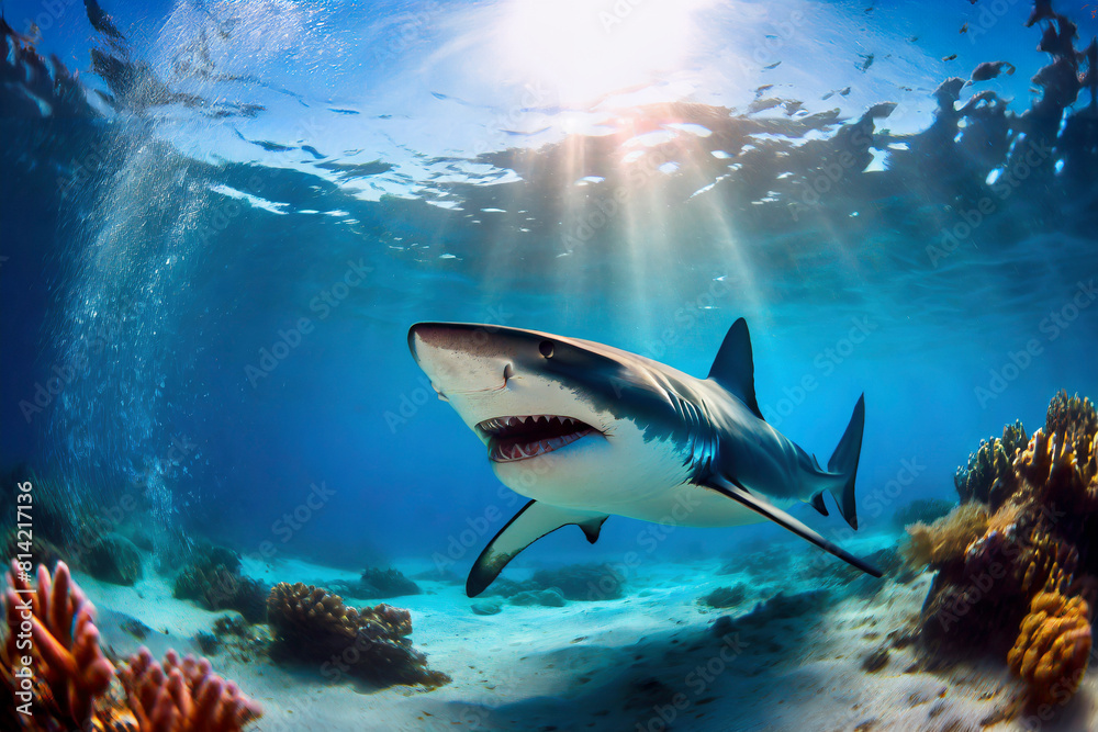 Great White Shark, Underwater photo of marine life, sun rays through ...
