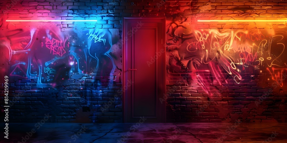 Graffiti-Covered Wall in Dark Room with Neon Lights and Brick Wall Door ...