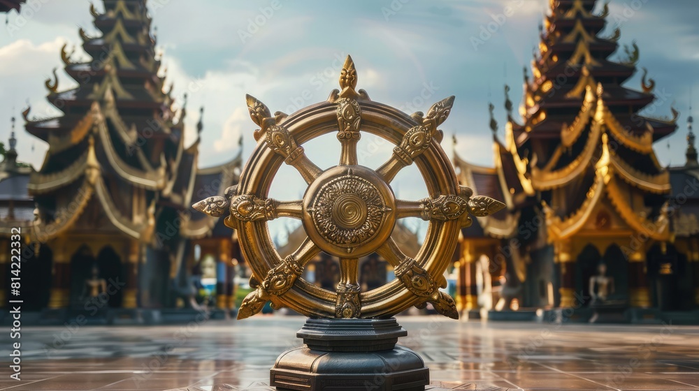 Dhamma wheel symbol against a backdrop of traditional temple ...