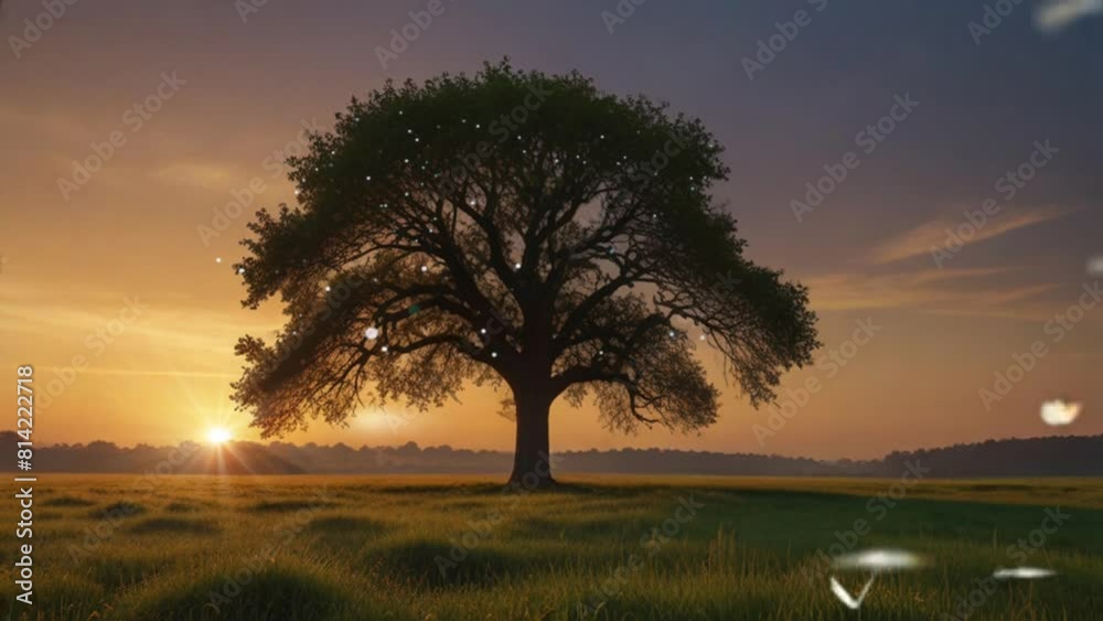 Oak trees with sun rising behind them and butterfly. seamless and ...