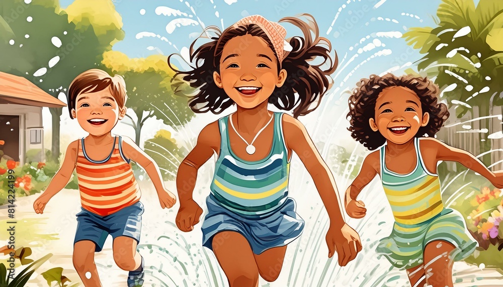 Adorable cute illustration of cartoon children running through a ...
