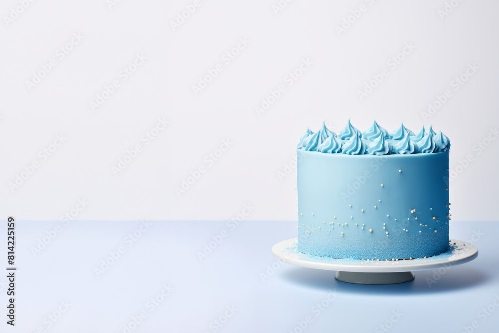 Blue cake with sprinkles on a solid light blue background with copy ...