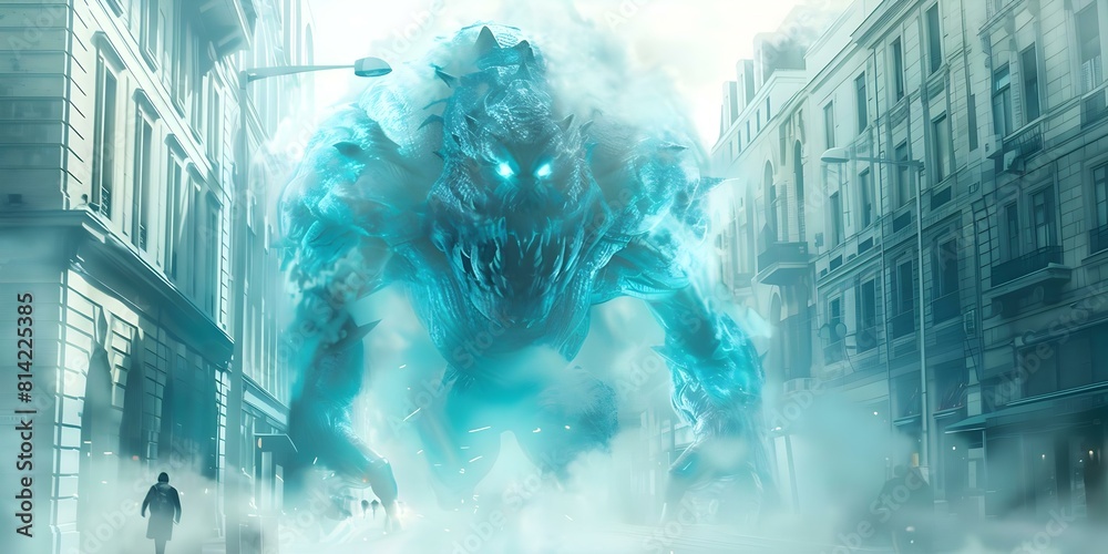 Cybersecurity Threats Symbolized by Giant Monsters in Shadowy City ...