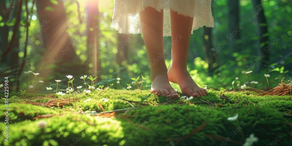 Barefoot girl in a dress stands on moss in the forest with sunny glare ...