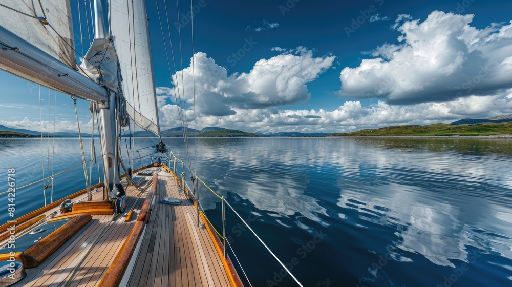 Sloop rigged modern yacht with wooden teak deck sail in sea Stock ...