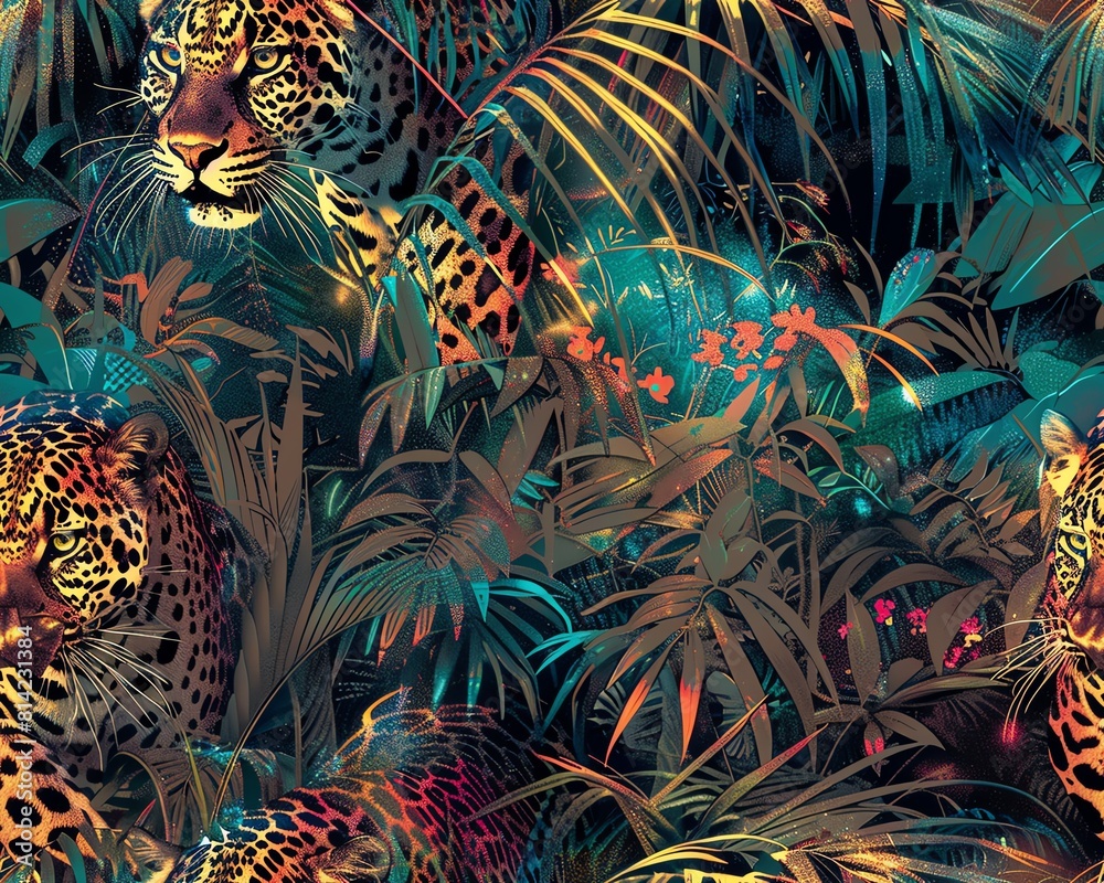 Envision a holographic leopard roaming through a pixelated jungle in a ...